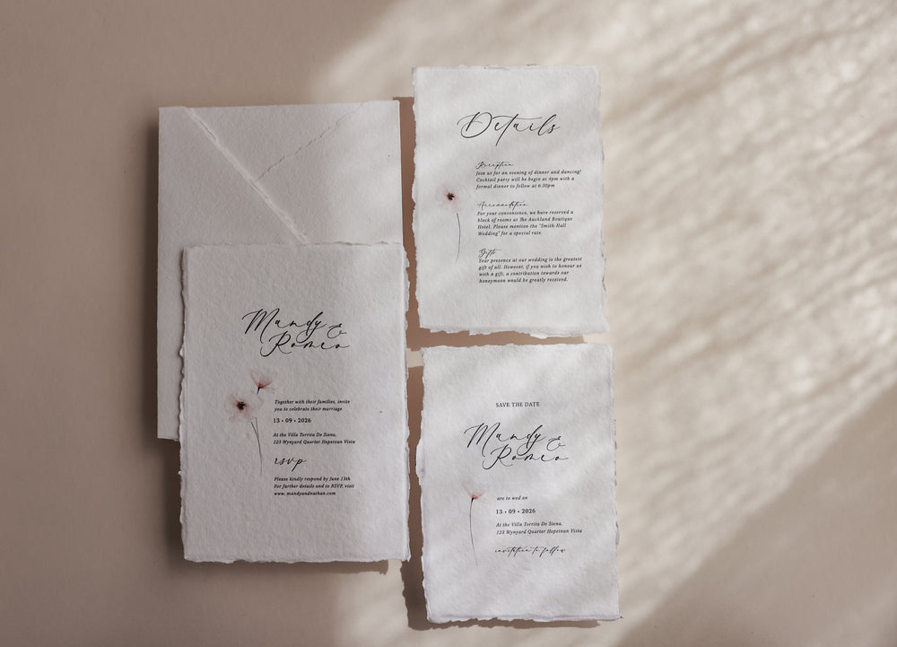 Whimsical Wedding Invitation on Handmade Cotton Rag Paper – Feathers ...